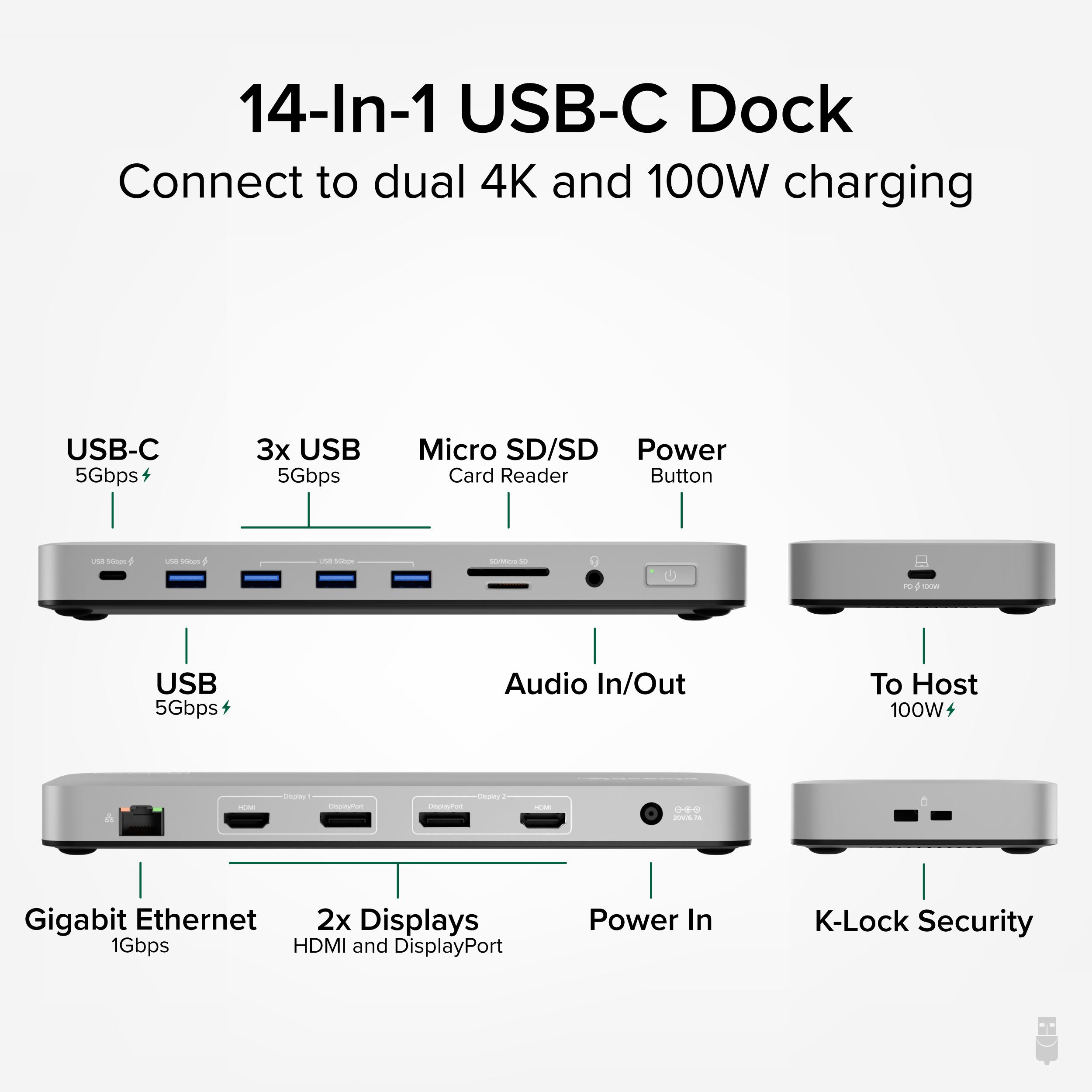 Plugable USB-C Docking Station Dual 4K Displays, 100W, 2x HDMI 2x ...