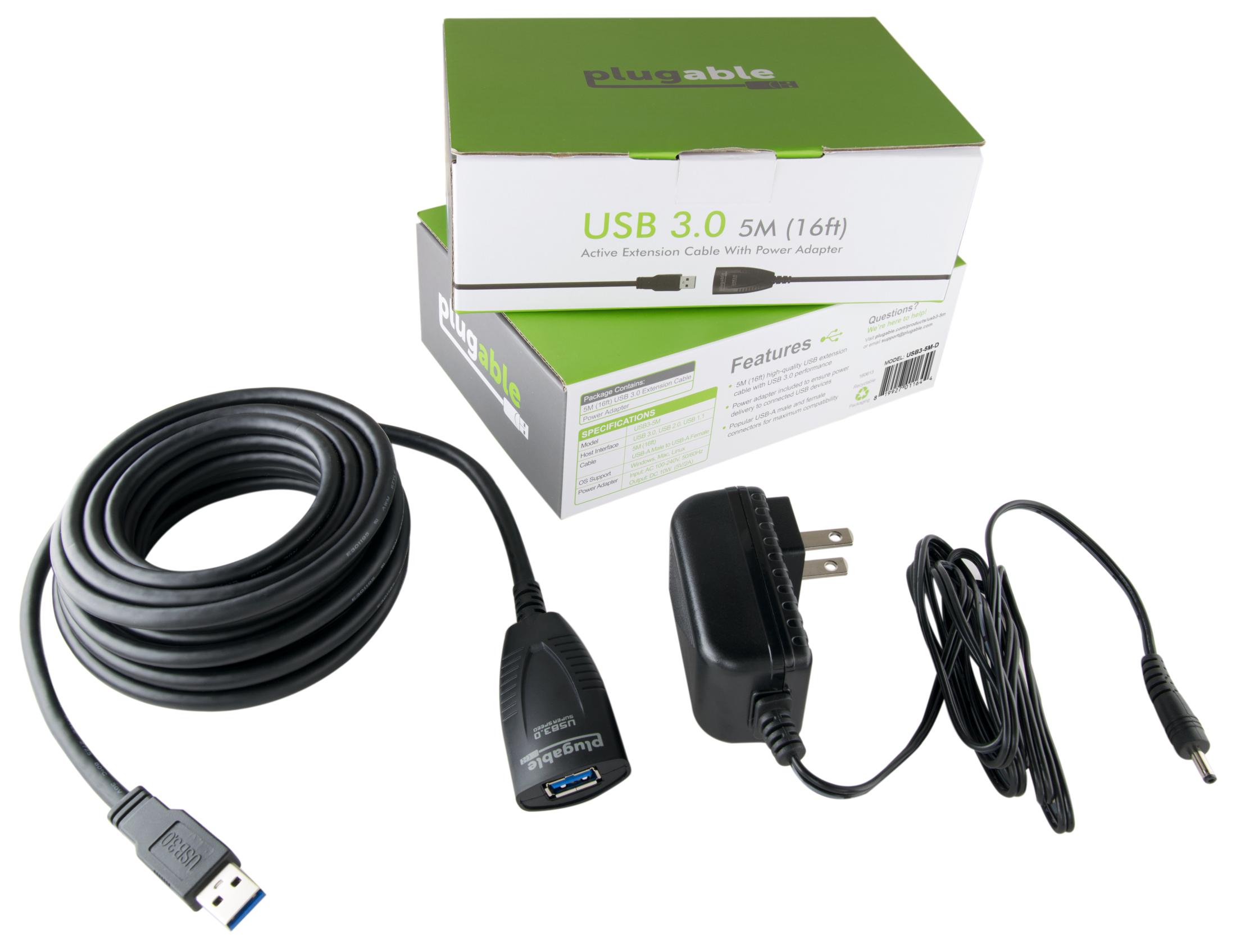 Plugable USB 3.0 5M (16ft) Extension Cable with Power Adapter and Back ... Plugable USB 3.0 5M (16ft) Extension Cable with Power Adapter and Back ...