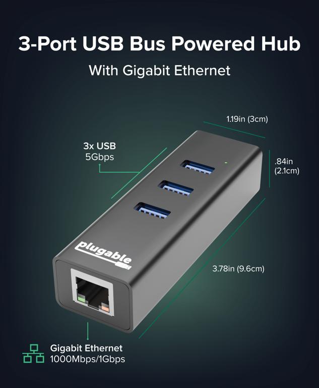 Plugable USB 3.0 3-Port Bus Powered Hub with Gigabit Ethernet ...
